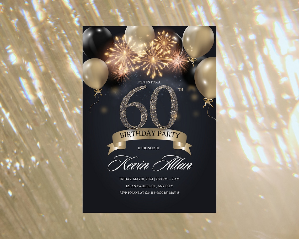 Elegant 60th Birthday Party Invitation | Sparkle and Fireworks Decade ...