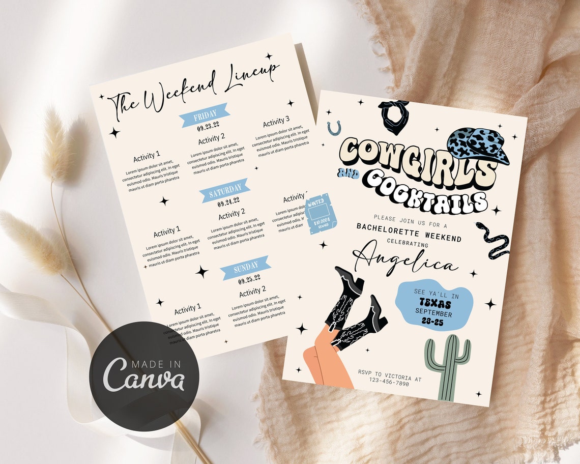 Cowgirls & Cocktails Bachelorette Invitation and Schedule, Western ...