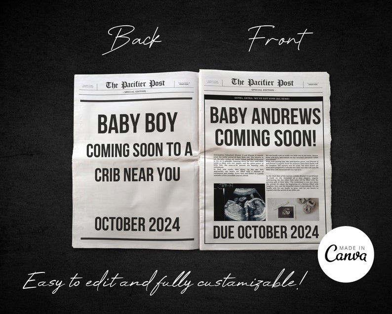 Large Baby Shower Newspaper Announcement, News-themed Baby Shower ...