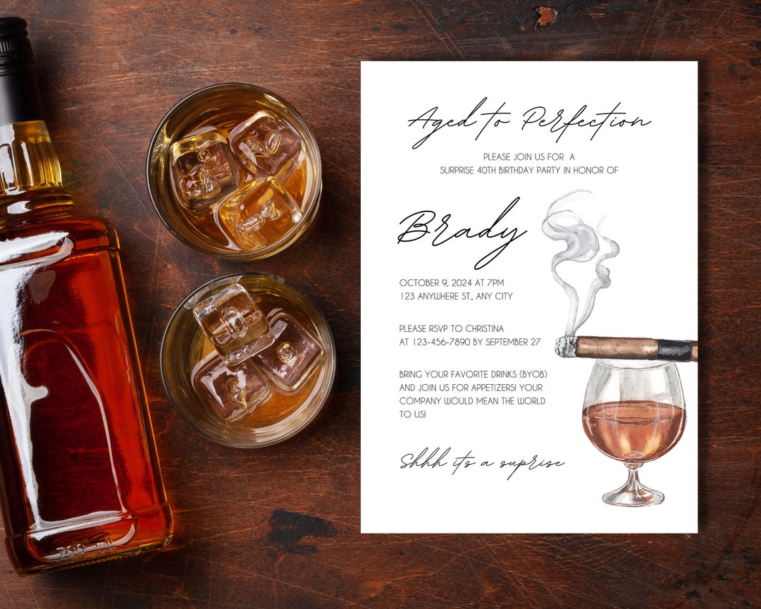 Whiskey & Cigars Birthday Invitation, Aged to Perfection Mens Rustic ...