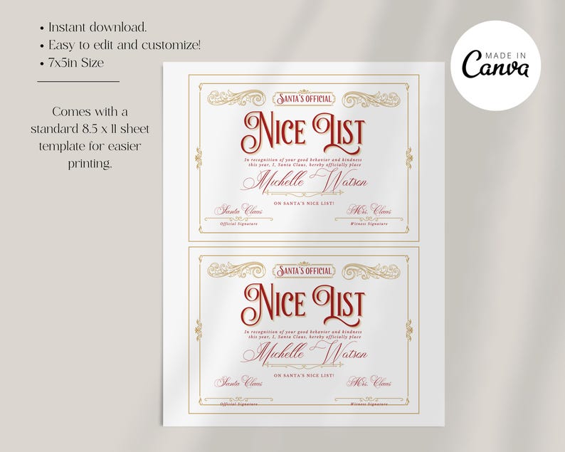 Santa’s Nice List Certificate, Personalized Christmas Award, Printable ...
