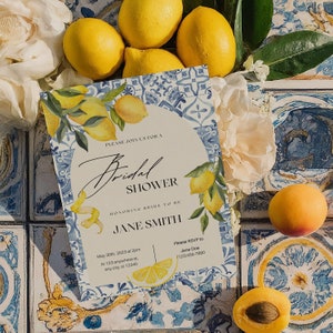 Lemon Capri Style Bridal Shower Invitation, Mediterranean Blue Tile ...