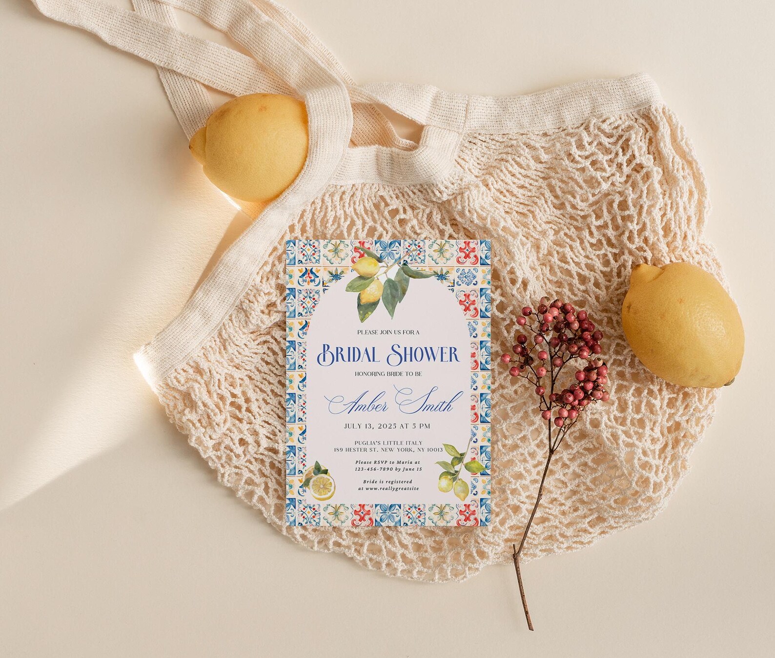 Mediterranean Bridal Shower Invitation, Editable Lemon Italian Citrus ...
