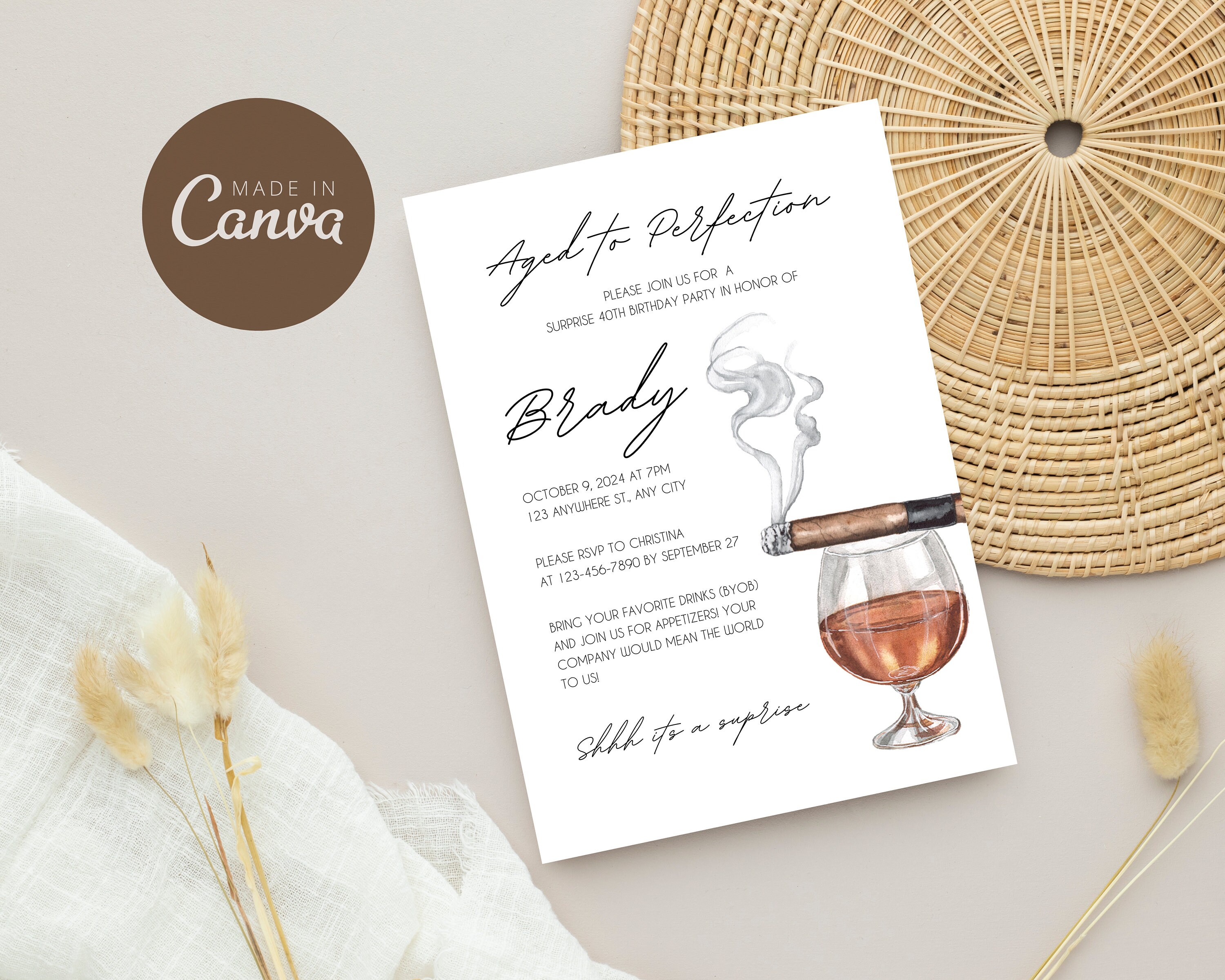 Whiskey & Cigars Birthday Invitation, Aged to Perfection Mens Rustic ...