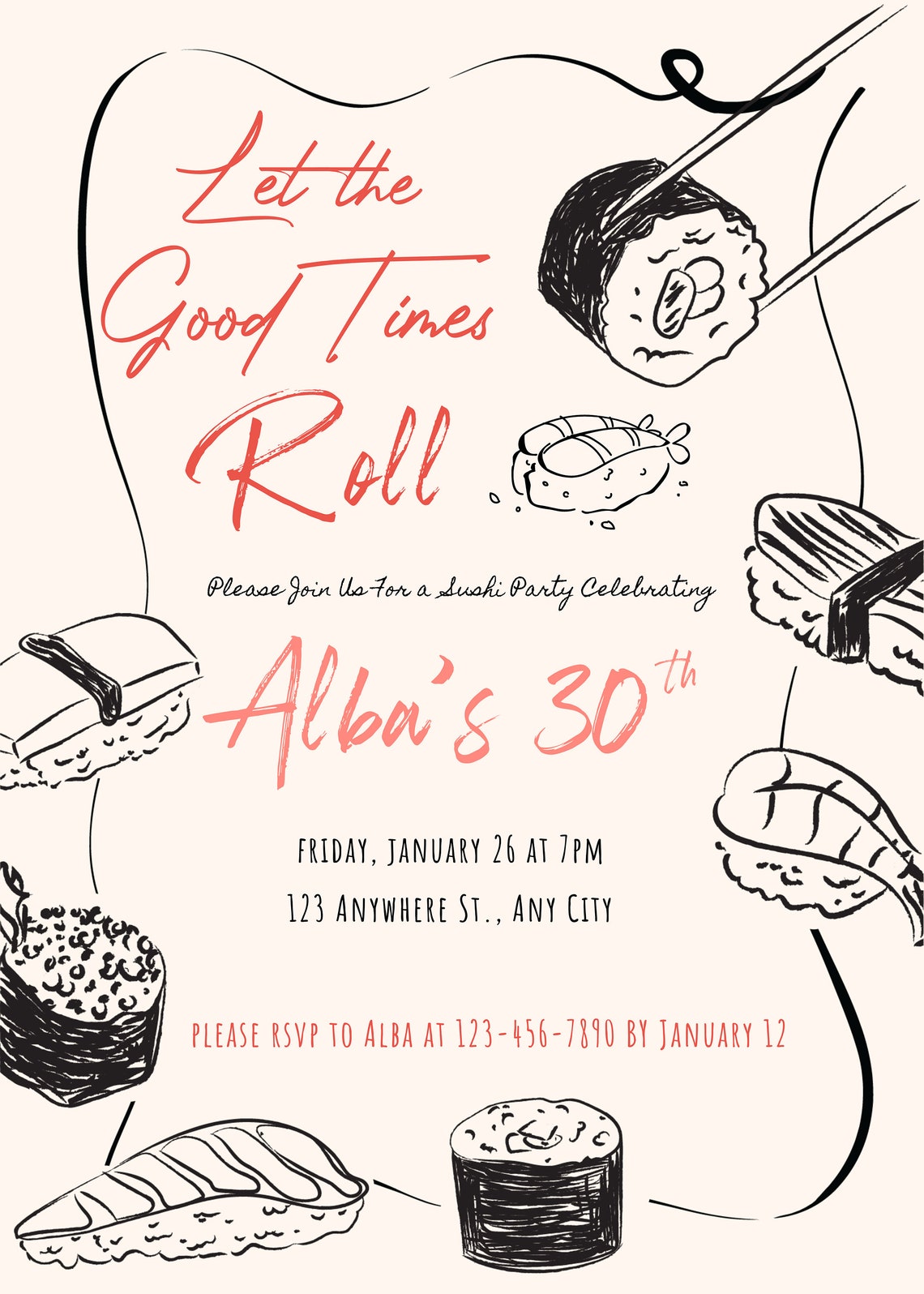 Let the Good Times Roll Sushi Party Invitation, Sushi Themed Birthday ...