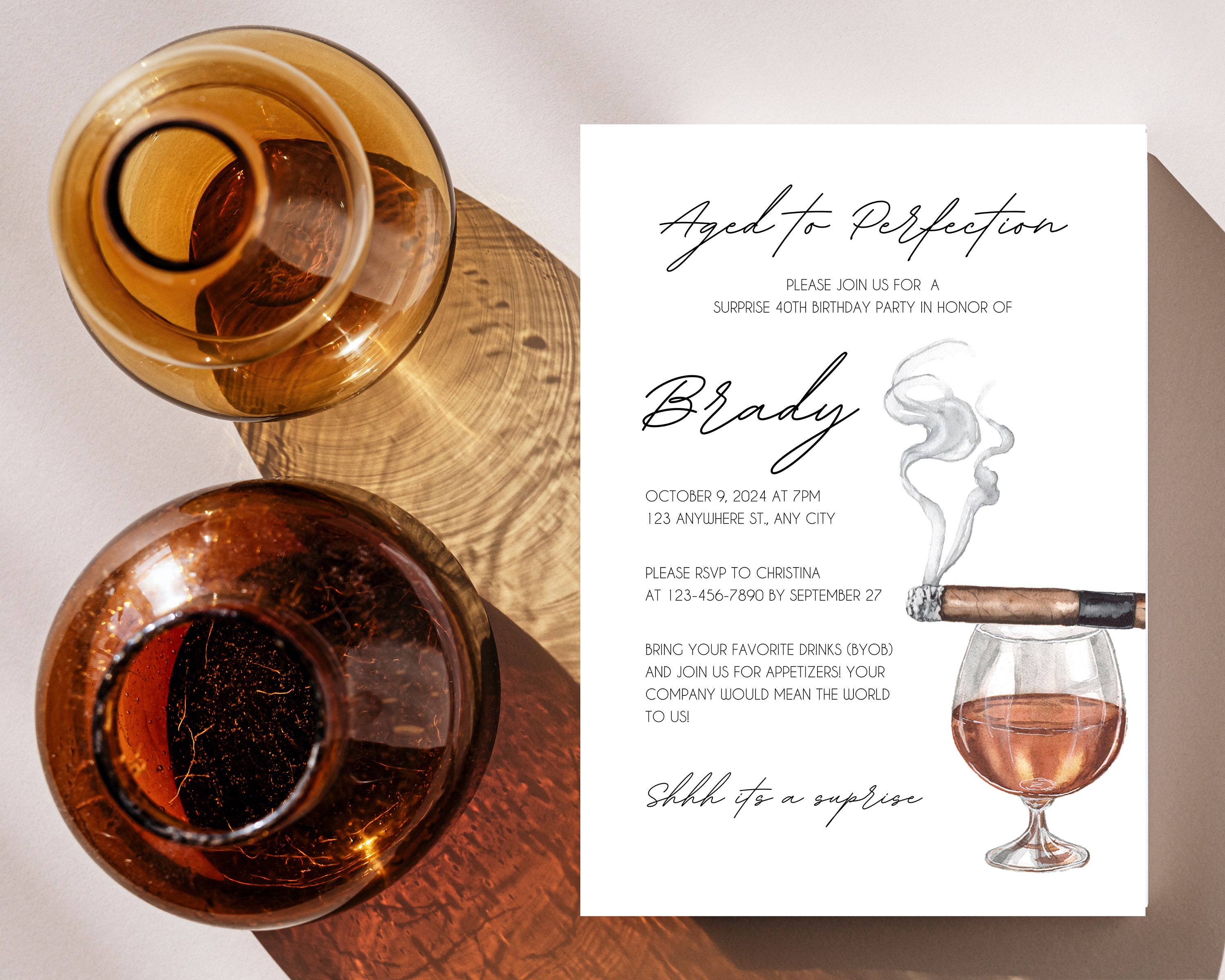 Whiskey & Cigars Birthday Invitation, Aged to Perfection Mens Rustic ...