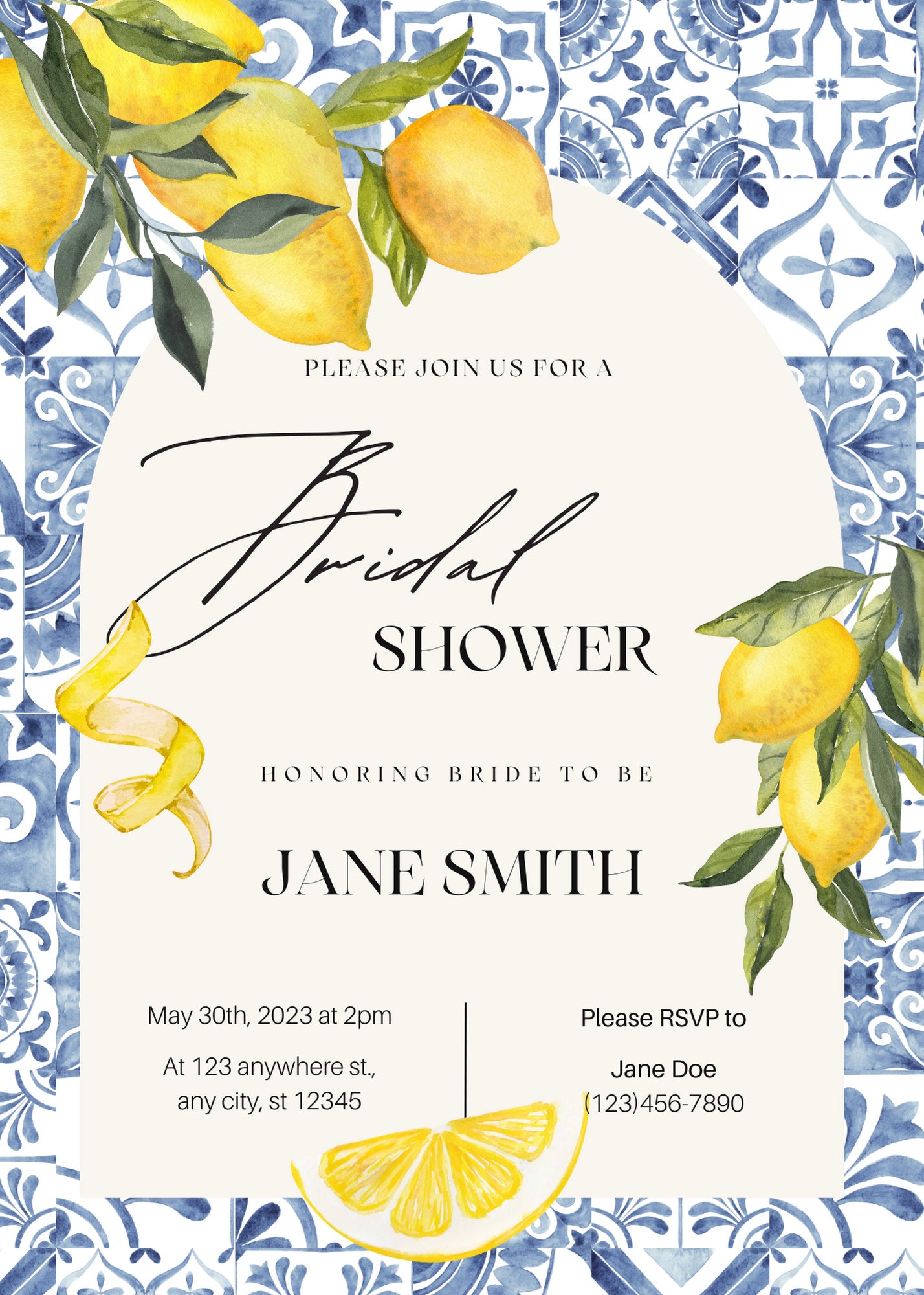 Lemon Capri Style Bridal Shower Invitation, Mediterranean Blue Tile ...