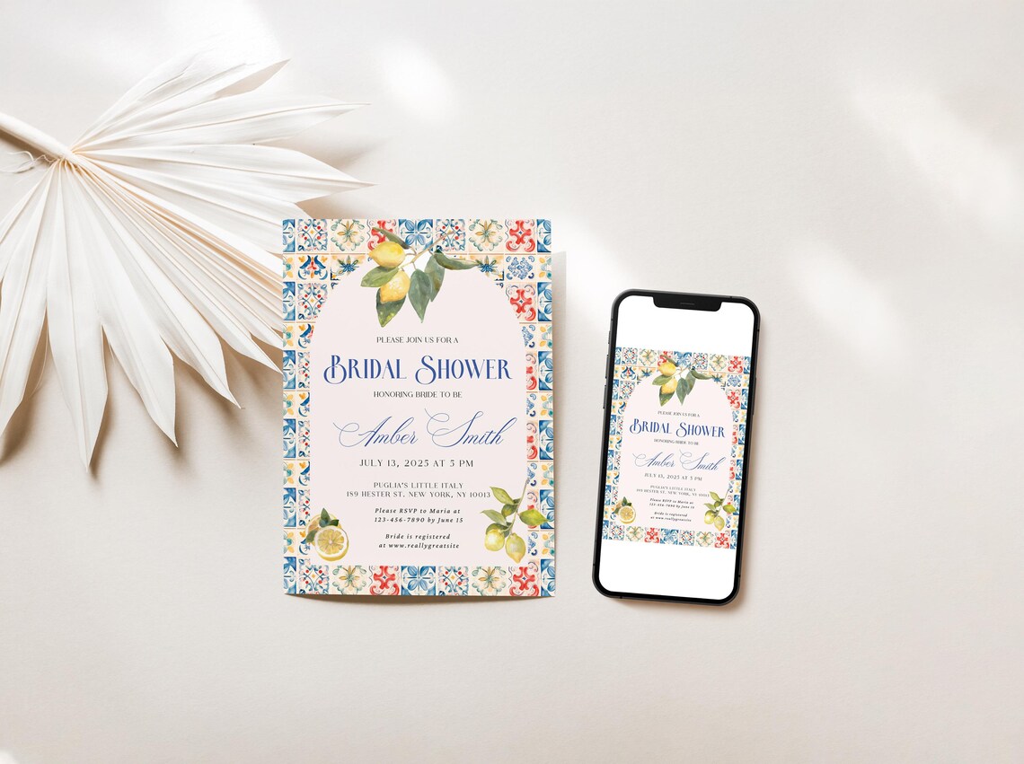 Mediterranean Bridal Shower Invitation, Editable Lemon Italian Citrus ...