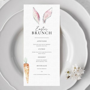 Easter Brunch Menu Card Template, Watercolor Bunny Spring Celebration Menu, Printable Carrot ...