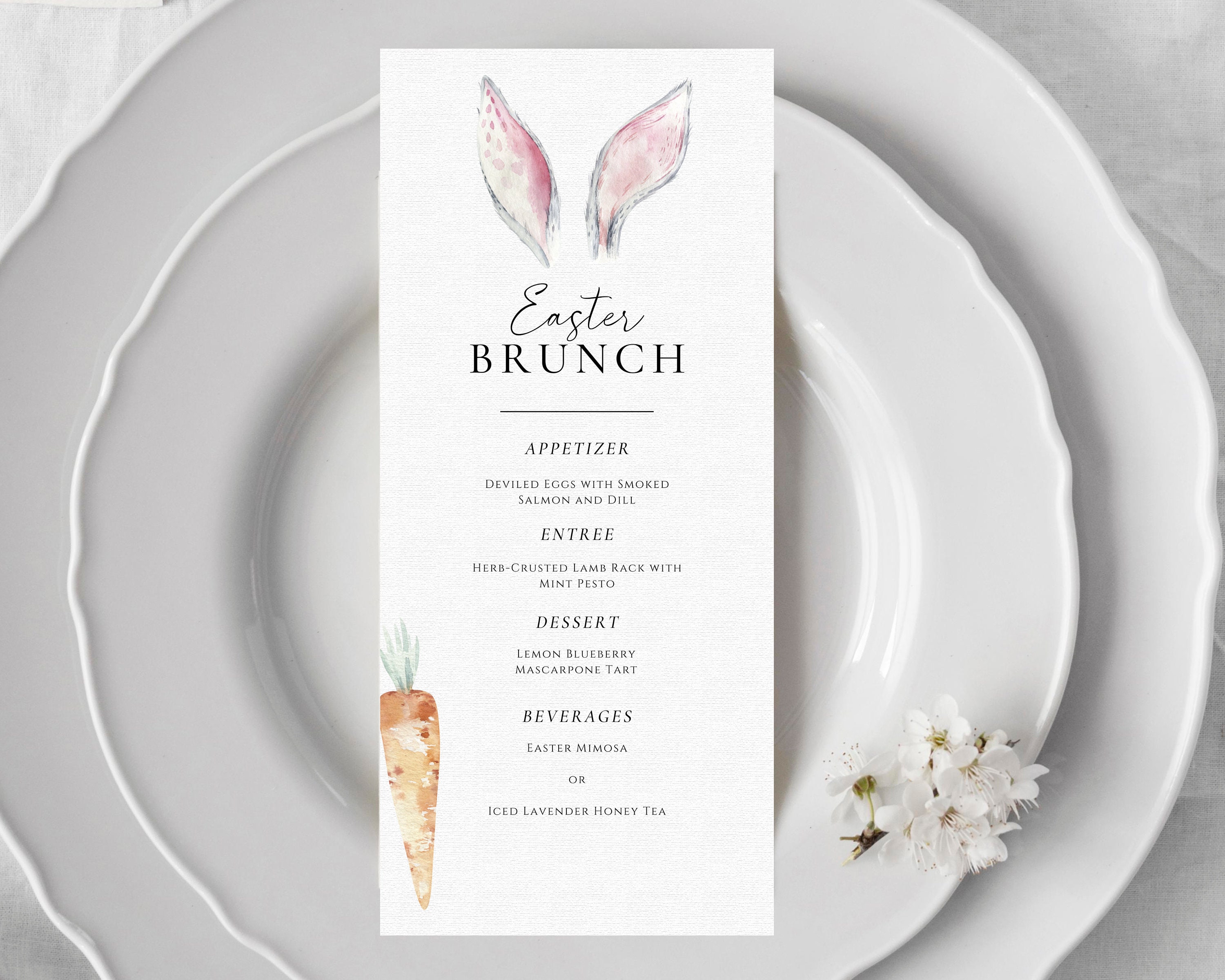 Easter Brunch Menu Card Template, Watercolor Bunny Spring Celebration ...