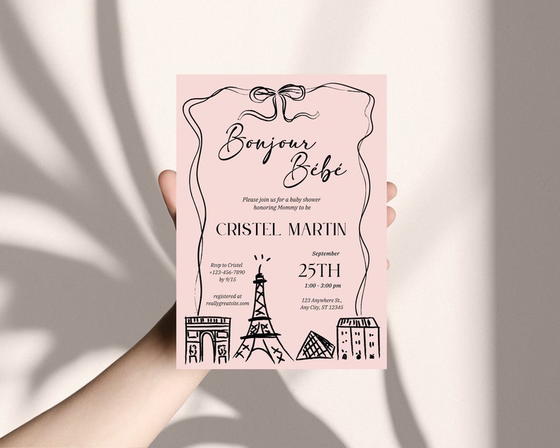 Bonjour Bebe Baby Shower Invitation, Hand Drawn French Themed Invite ...