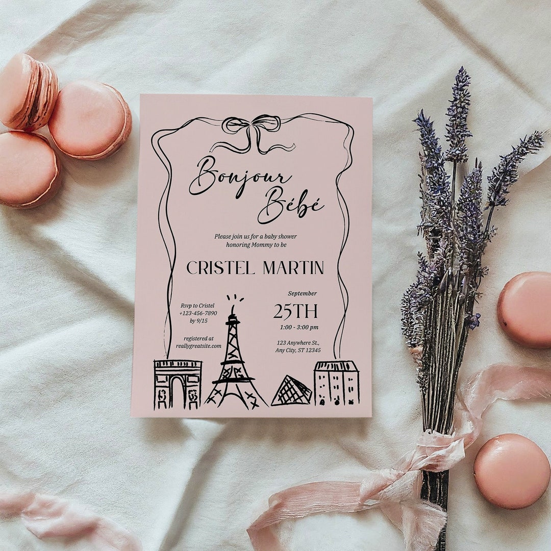 Bonjour Bebe Baby Shower Invitation, Hand Drawn French Themed Invite ...