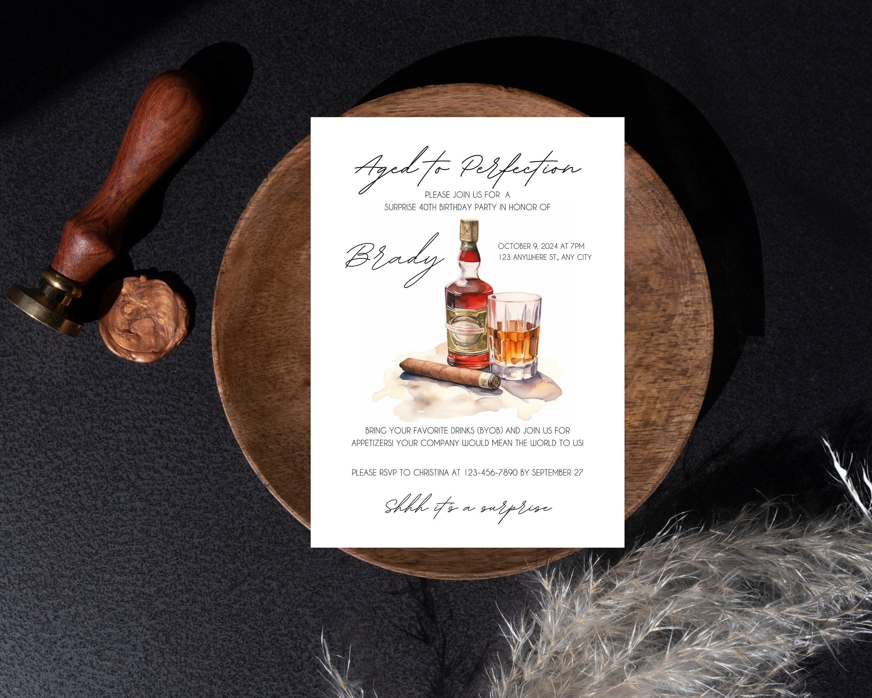 Whiskey & Cigars Birthday Invitation, Aged to Perfection Mens Rustic ...