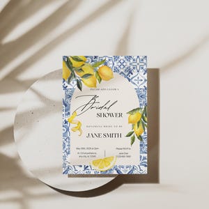Lemon Capri Style Bridal Shower Invitation, Mediterranean Blue Tile ...
