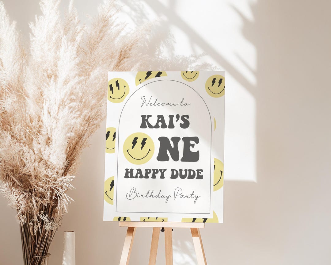 Arched One Happy Dude Birthday Welcome Sign, Smiley Face First Birthday ...