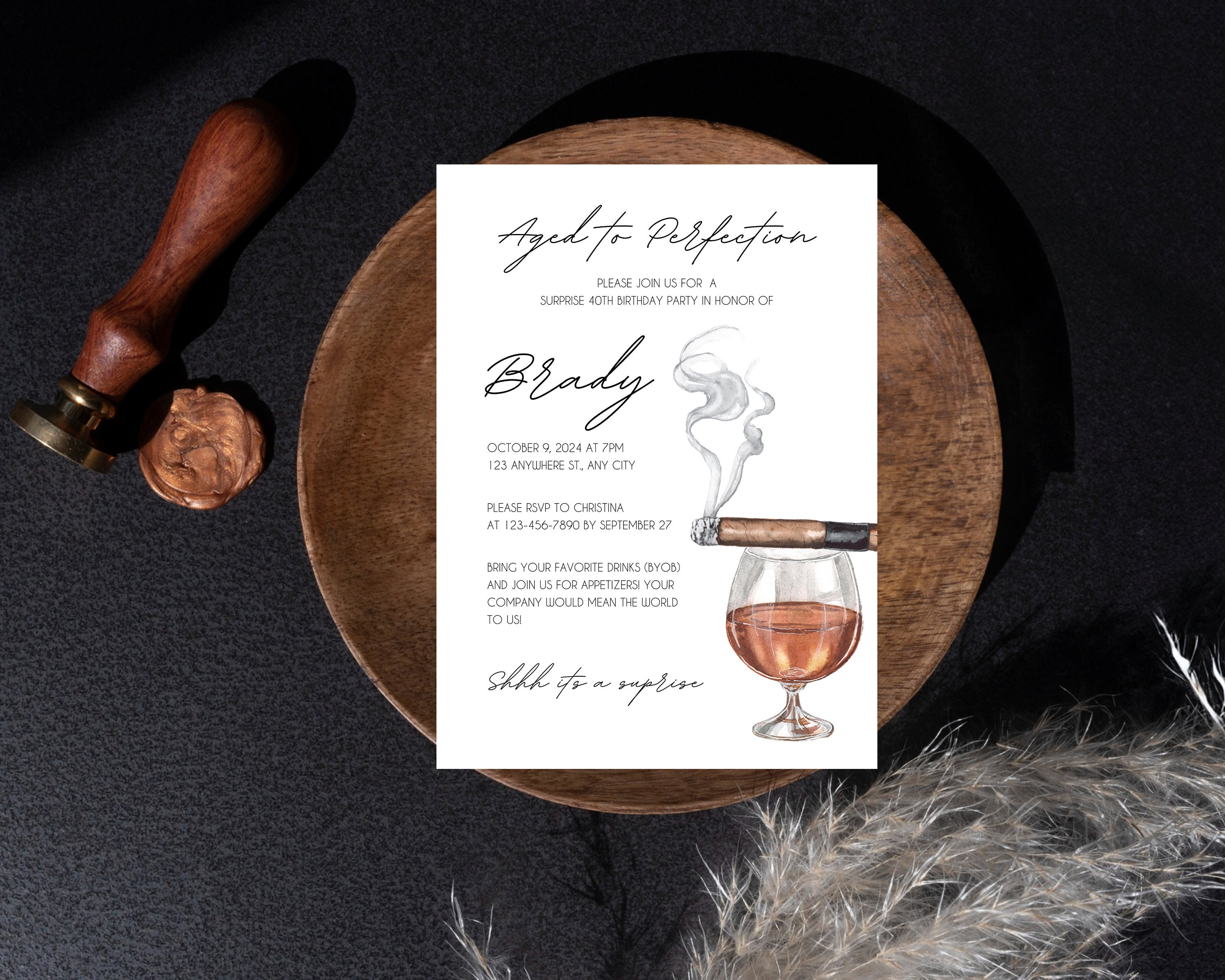 Whiskey & Cigars Birthday Invitation, Aged to Perfection Mens Rustic ...