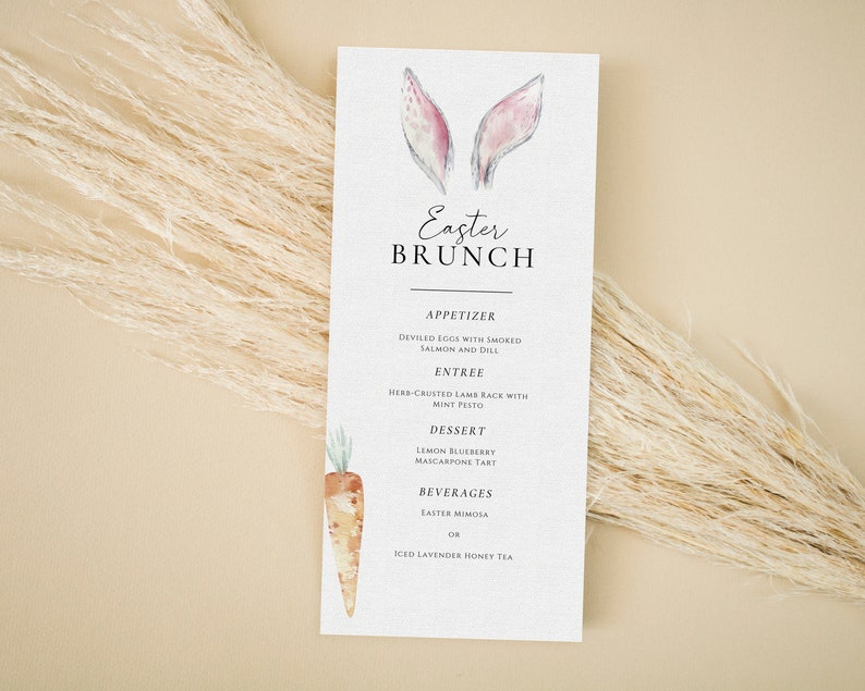 Easter Brunch Menu Card Template, Watercolor Bunny Spring Celebration ...