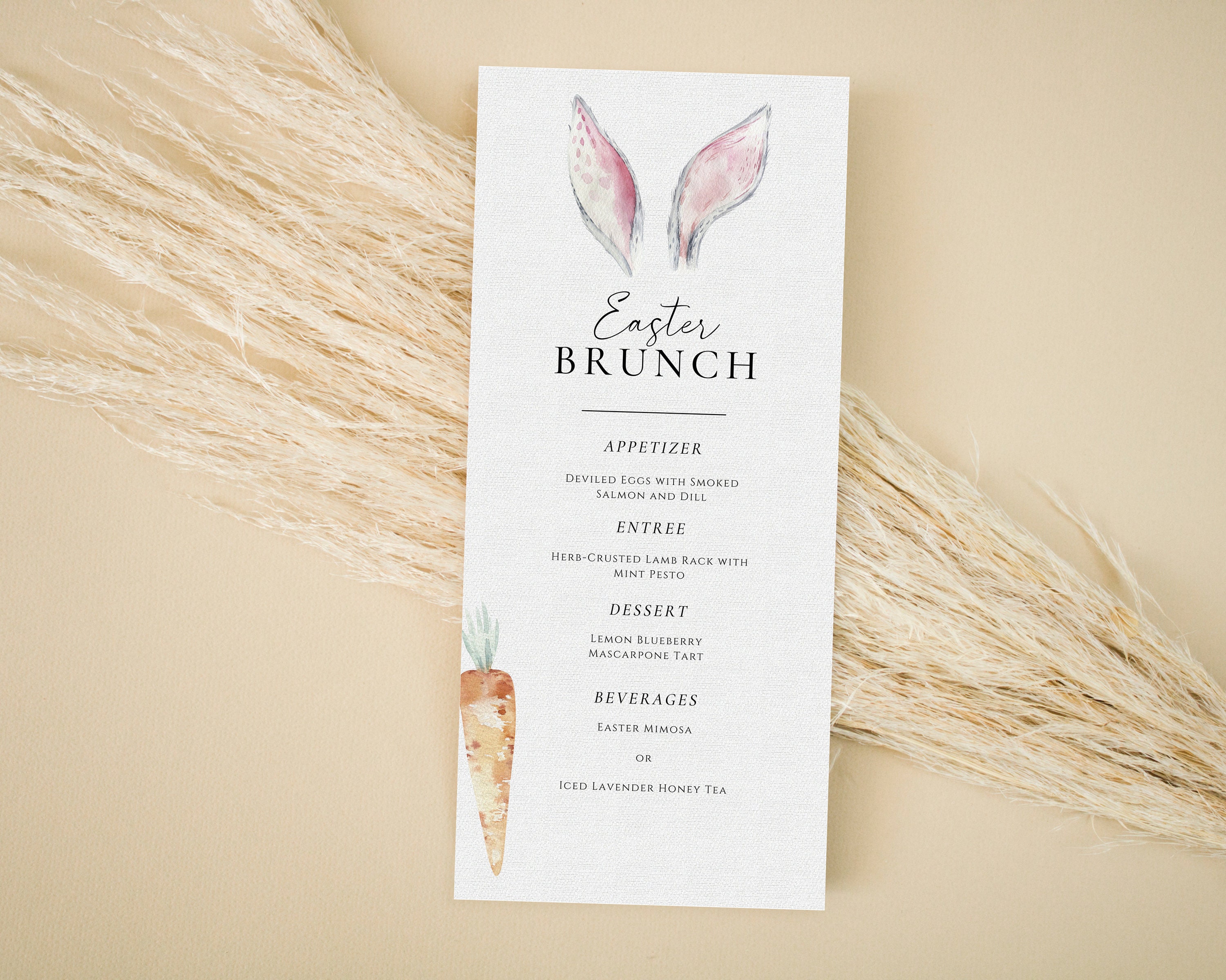 Easter Brunch Menu Card Template, Watercolor Bunny Spring Celebration ...
