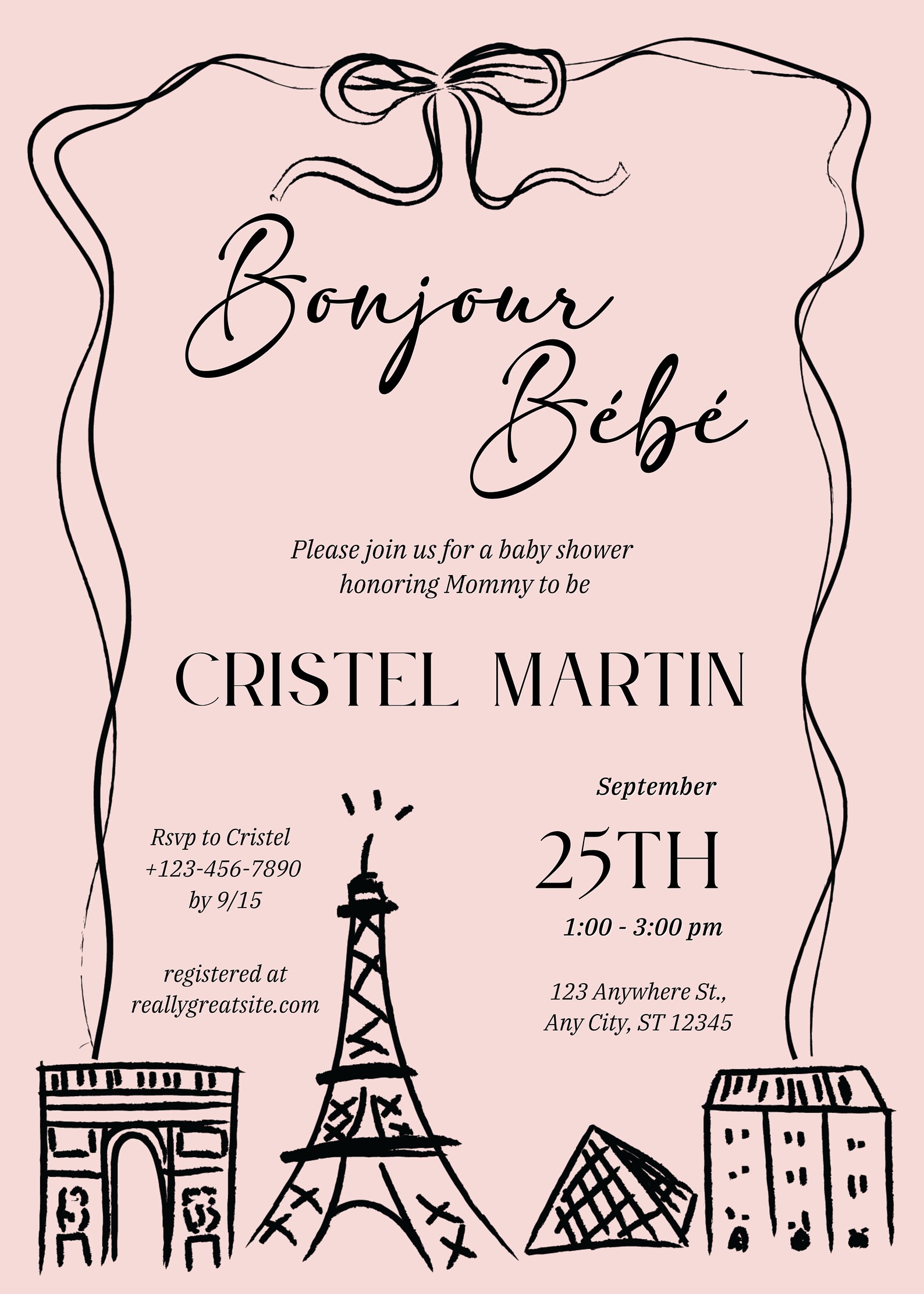 Bonjour Bebe Baby Shower Invitation, Hand Drawn French Themed Invite ...