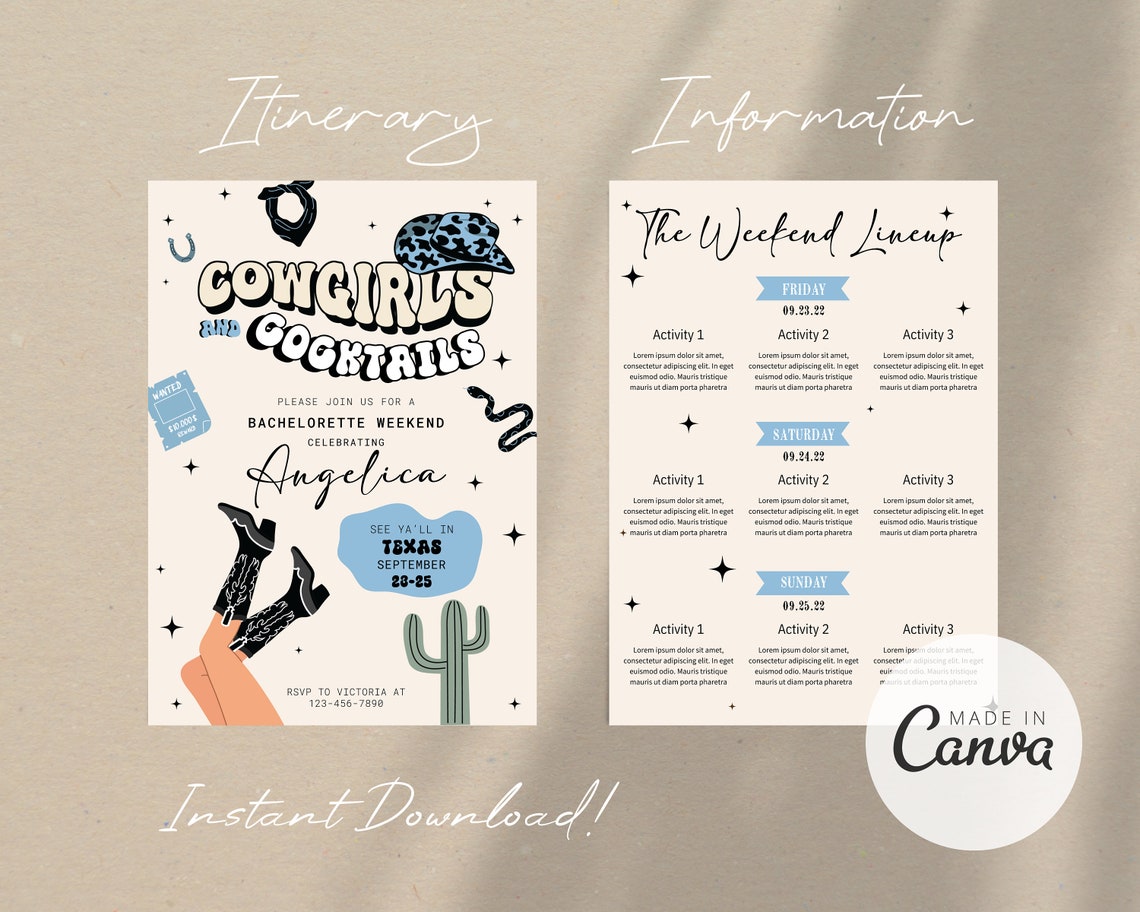 Cowgirls & Cocktails Bachelorette Invitation and Schedule, Western ...