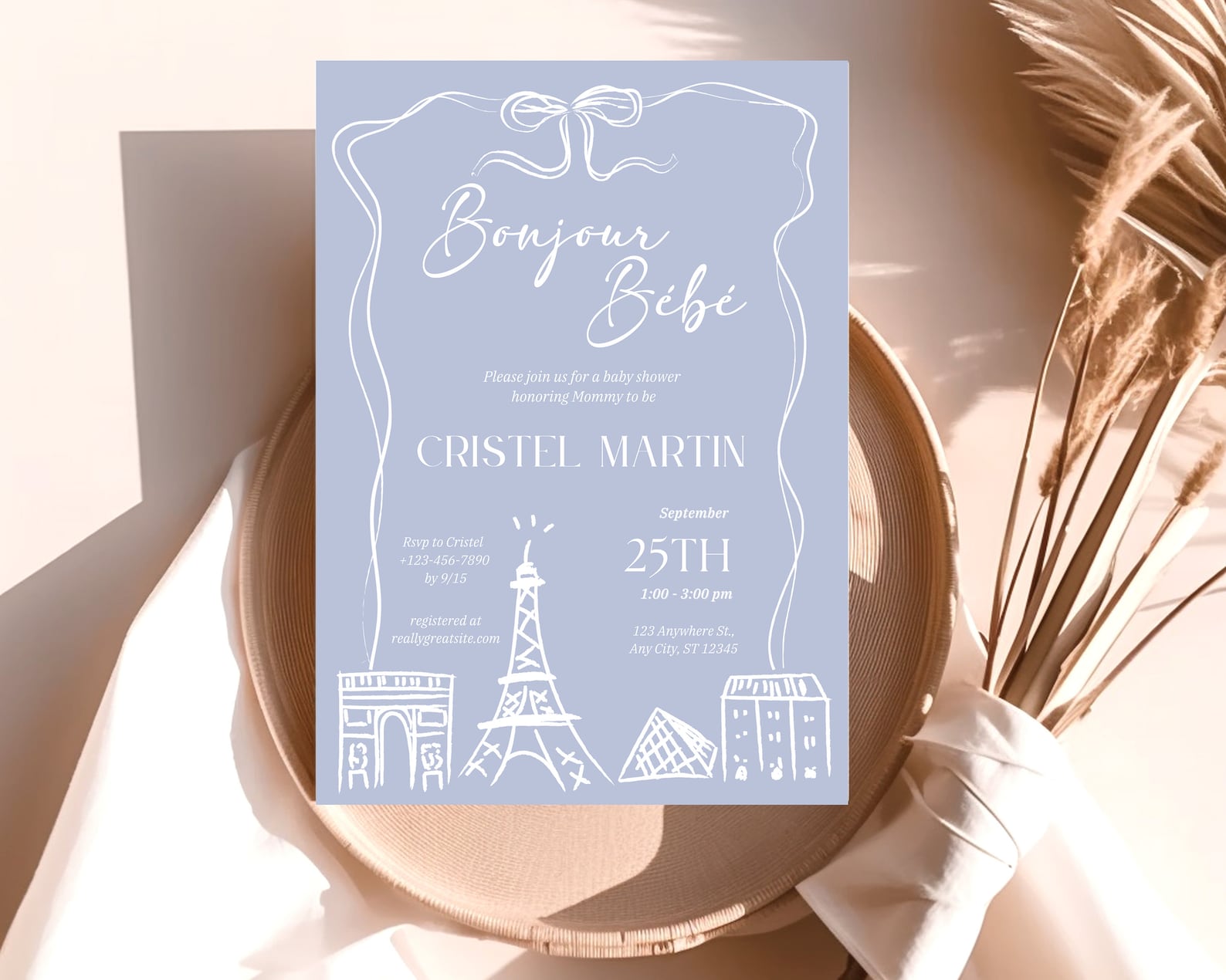 Bonjour Bebe Baby Shower Invitation, Hand Drawn French Themed Invite ...