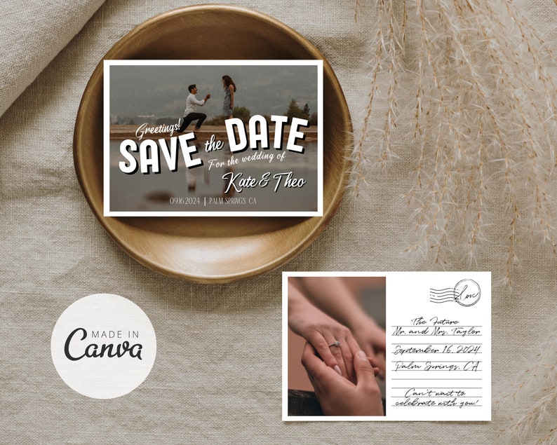 Boho Save the Date Postcard Invitation, Retro Wedding Announcement, Editable Bohemian Engagement ...