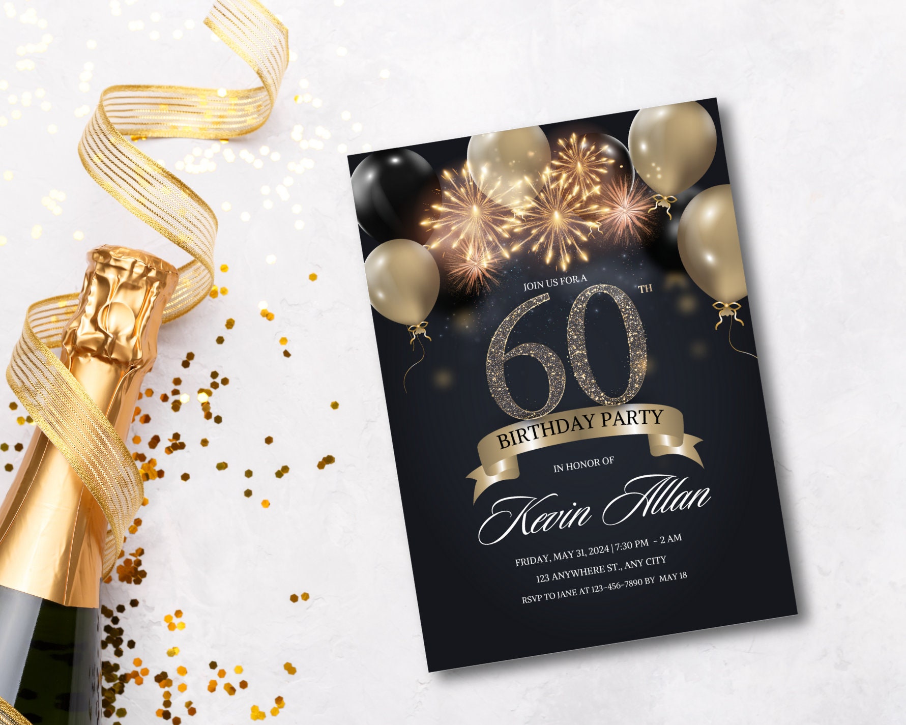 Elegant 60th Birthday Party Invitation | Sparkle and Fireworks Decade ...