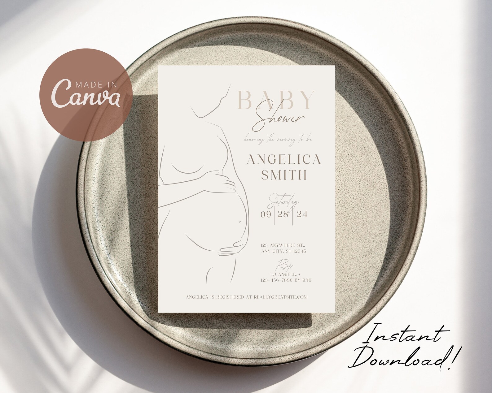 Neutral Baby Shower Invitation, Minimalist Silhouette Baby Bump Outline ...