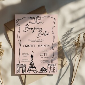 Bonjour Bebe Baby Shower Invitation, Hand Drawn French Themed Invite ...
