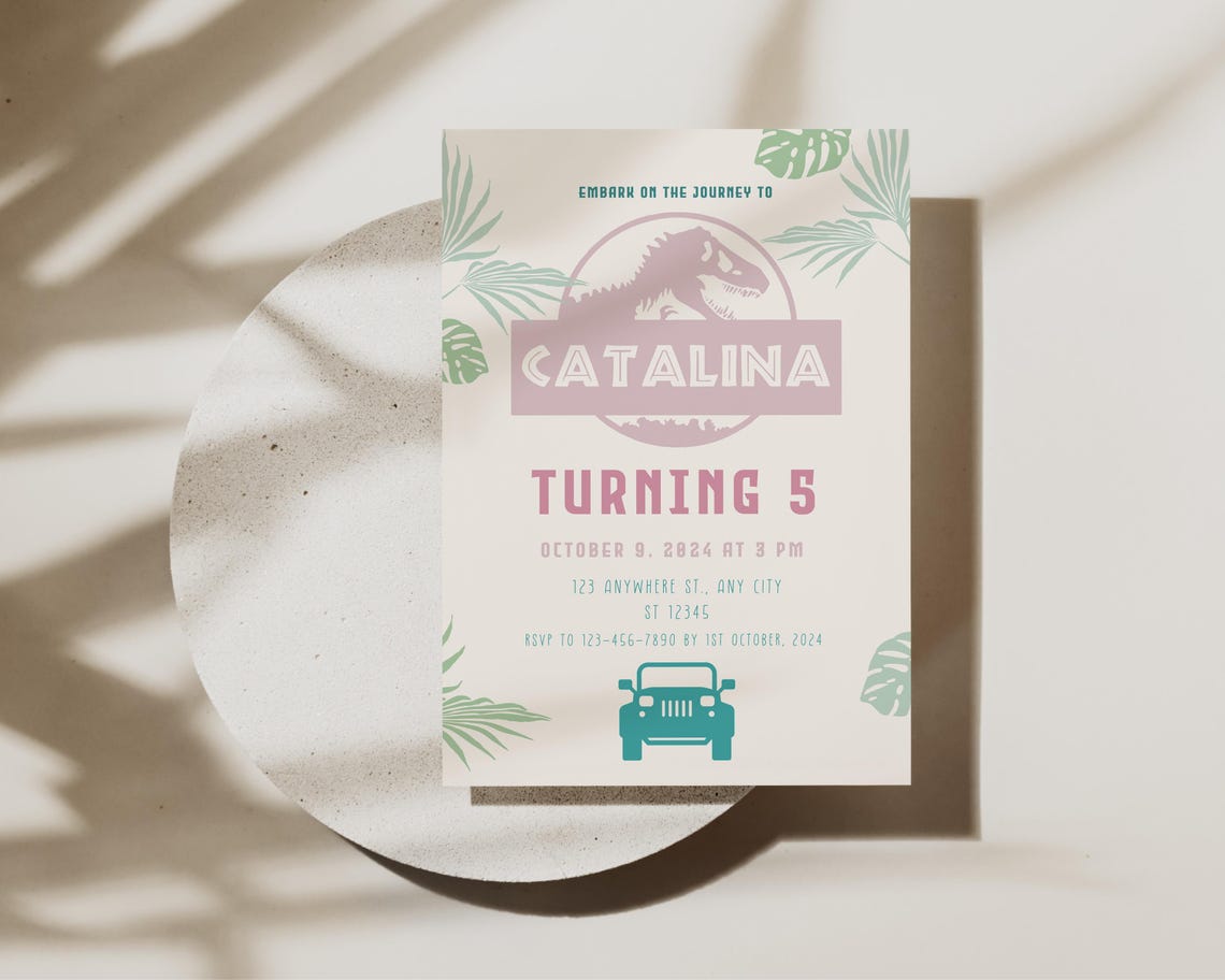 Pink Dinosaur Birthday Invitation & Welcome Sign Bundle, Dino Adventure ...
