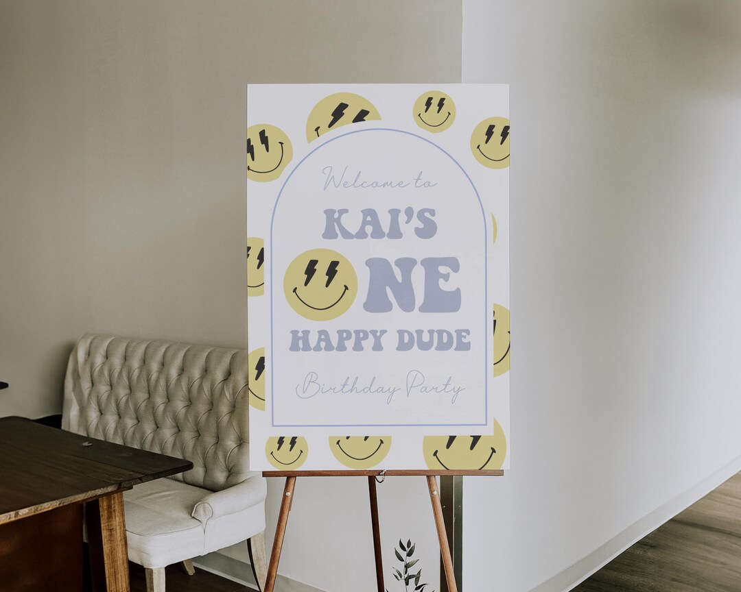 One Happy Dude Birthday Welcome Sign: Arched Blue Smiley Face Template ...