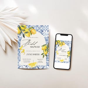 Lemon Capri Style Bridal Shower Invitation, Mediterranean Blue Tile ...