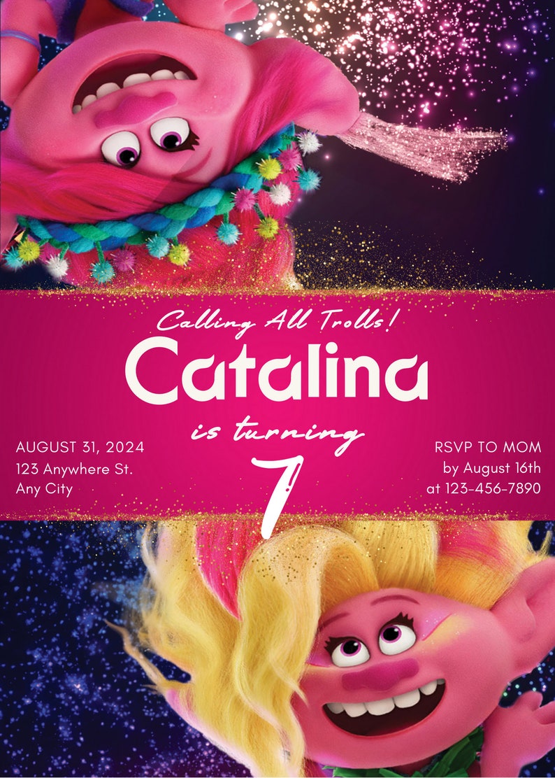 Troll Birthday Party Invitation, Poppy Invite for Daughter, Kids ...