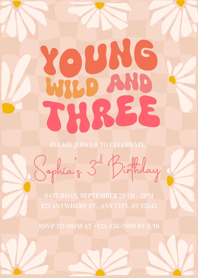 Young Wild and Three Birthday Invitation, Boho Chic Toddler's 3rd Party ...
