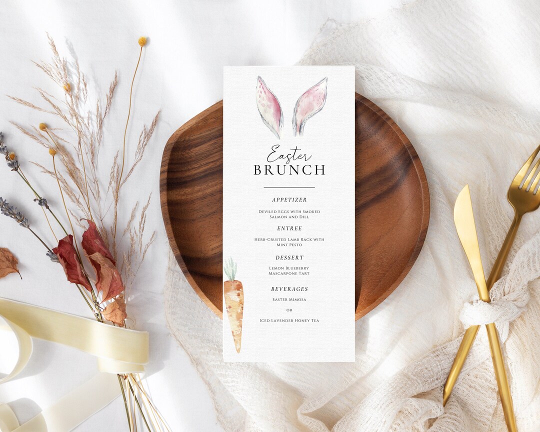 Easter Brunch Menu Card Template, Watercolor Bunny Spring Celebration Menu, Printable Carrot ...