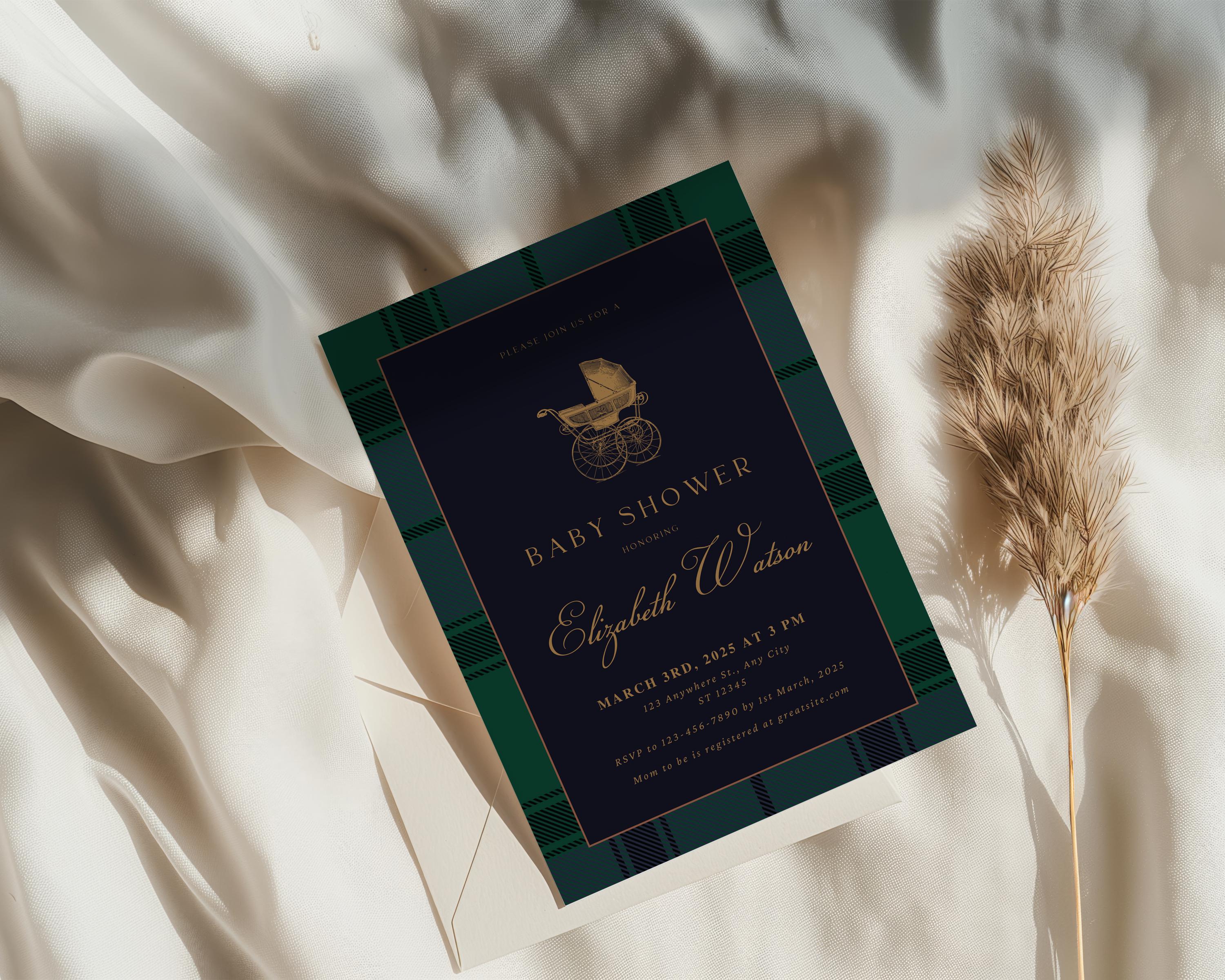 Classic Polo Baby Shower Invitation, Vintage Baby Carriage, Plaid ...