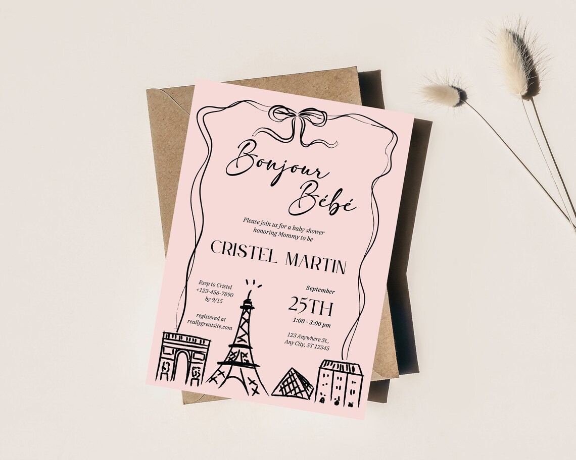 Bonjour Bebe Baby Shower Invitation, Hand Drawn French Themed Invite ...