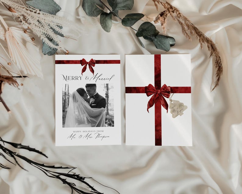 Merry and Married Christmas Card, Newlywed Holiday Photo Card, Red ...