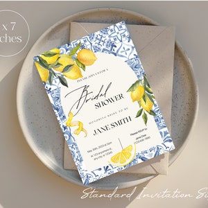 Lemon Capri Style Bridal Shower Invitation, Mediterranean Blue Tile ...