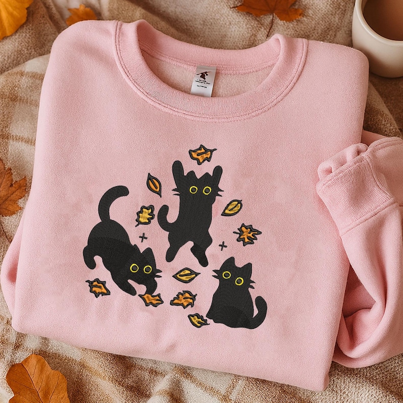 EMBROIDERED Cute Black Cat Pouncing Leaves Sweatshirt, Cozy Cat Lover ...