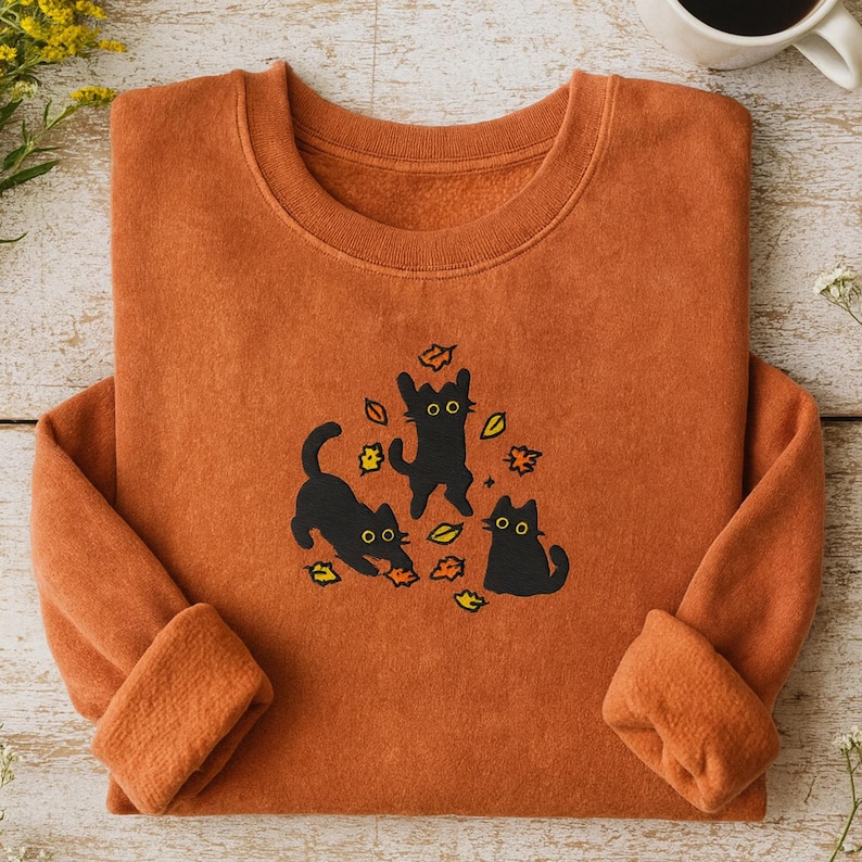 EMBROIDERED Cute Black Cat Pouncing Leaves Sweatshirt, Cozy Cat Lover ...