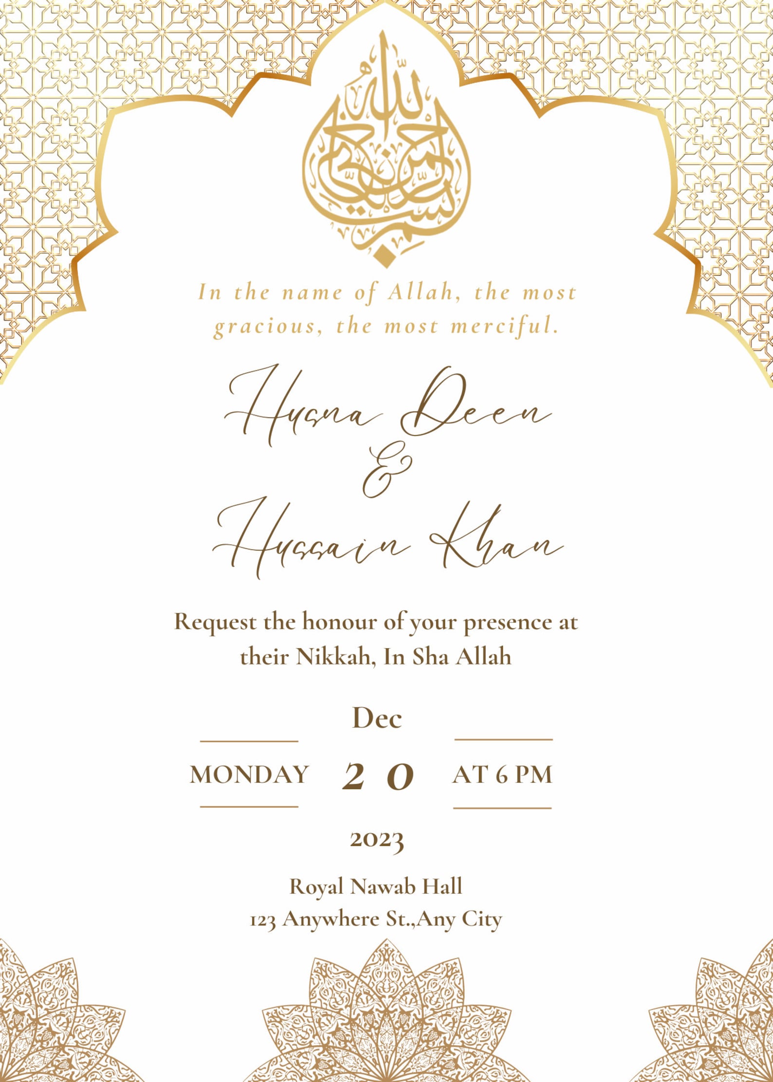 Islamic Gold and White Wedding/nikkah Invitation, Muslim Wedding Invite ...