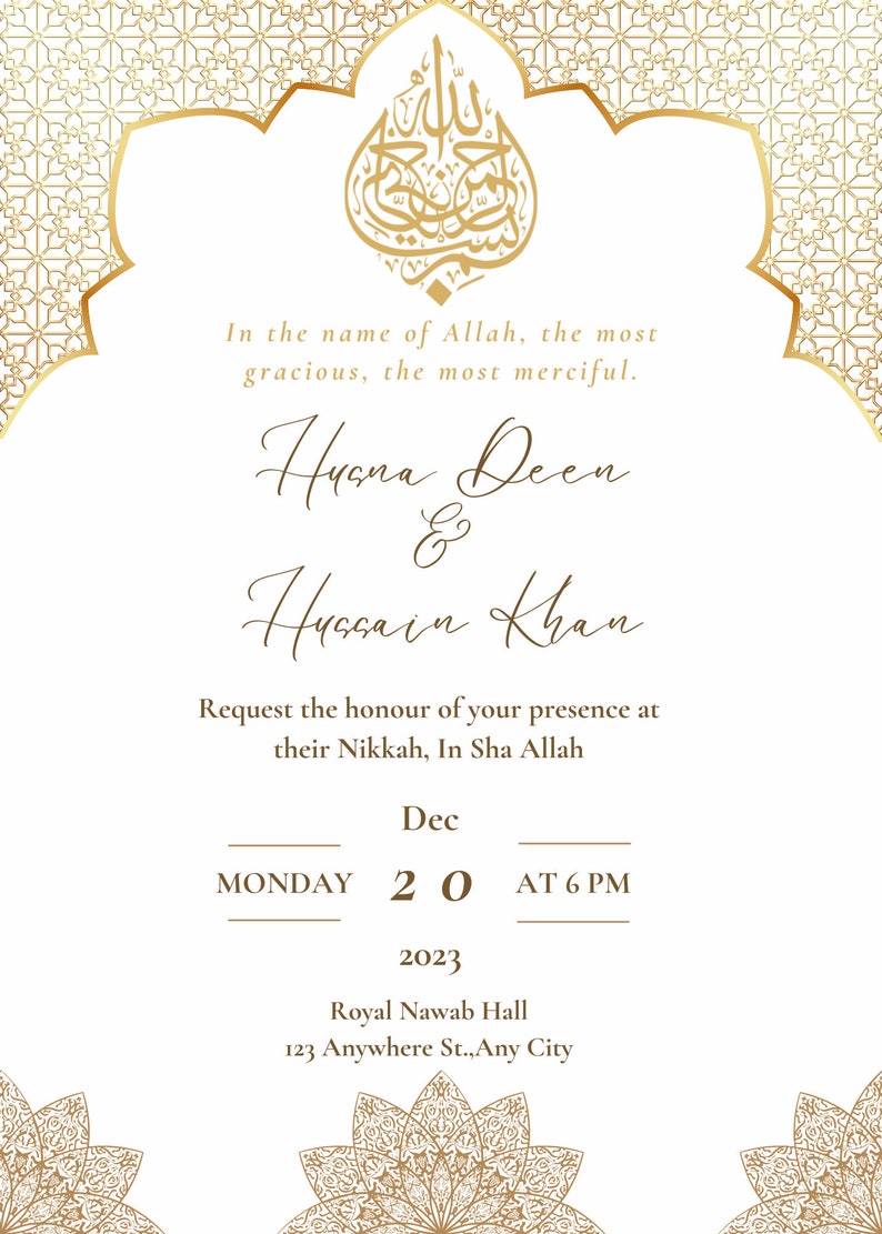 Islamic Gold and White Wedding/nikkah Invitation, Muslim Wedding Invite ...