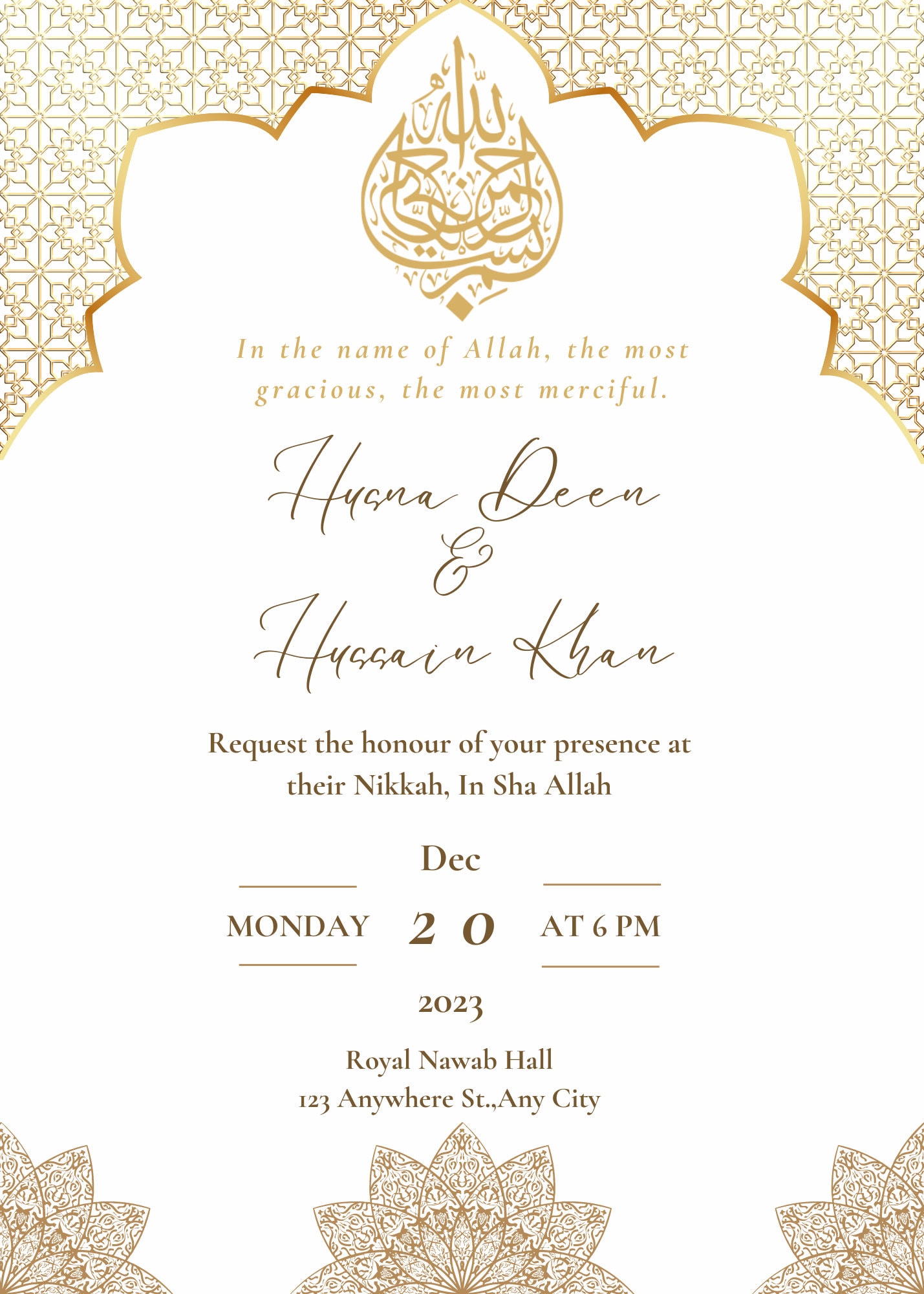 Islamic Gold and White Wedding/nikkah Invitation, Muslim Wedding Invite ...