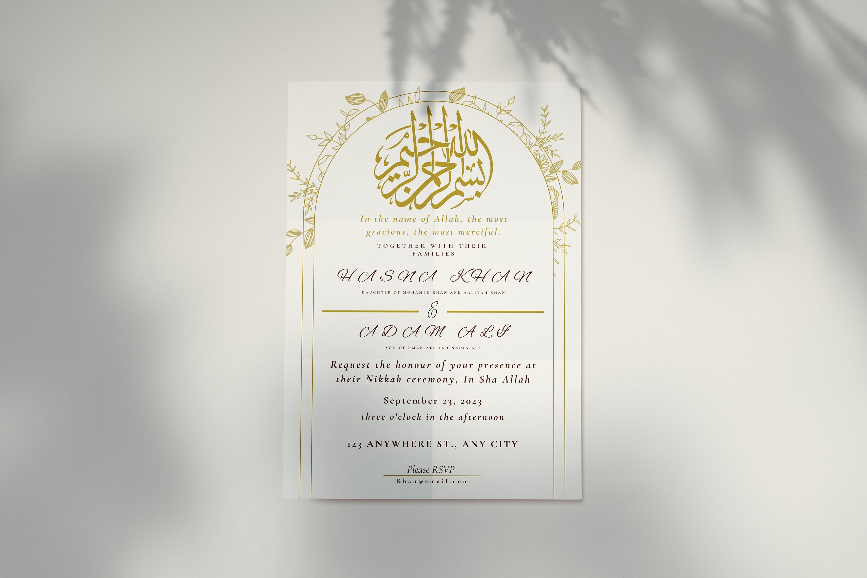 Pack of 10 Islamic Wedding Invitation, Muslim Wedding Invite, Gold and ...
