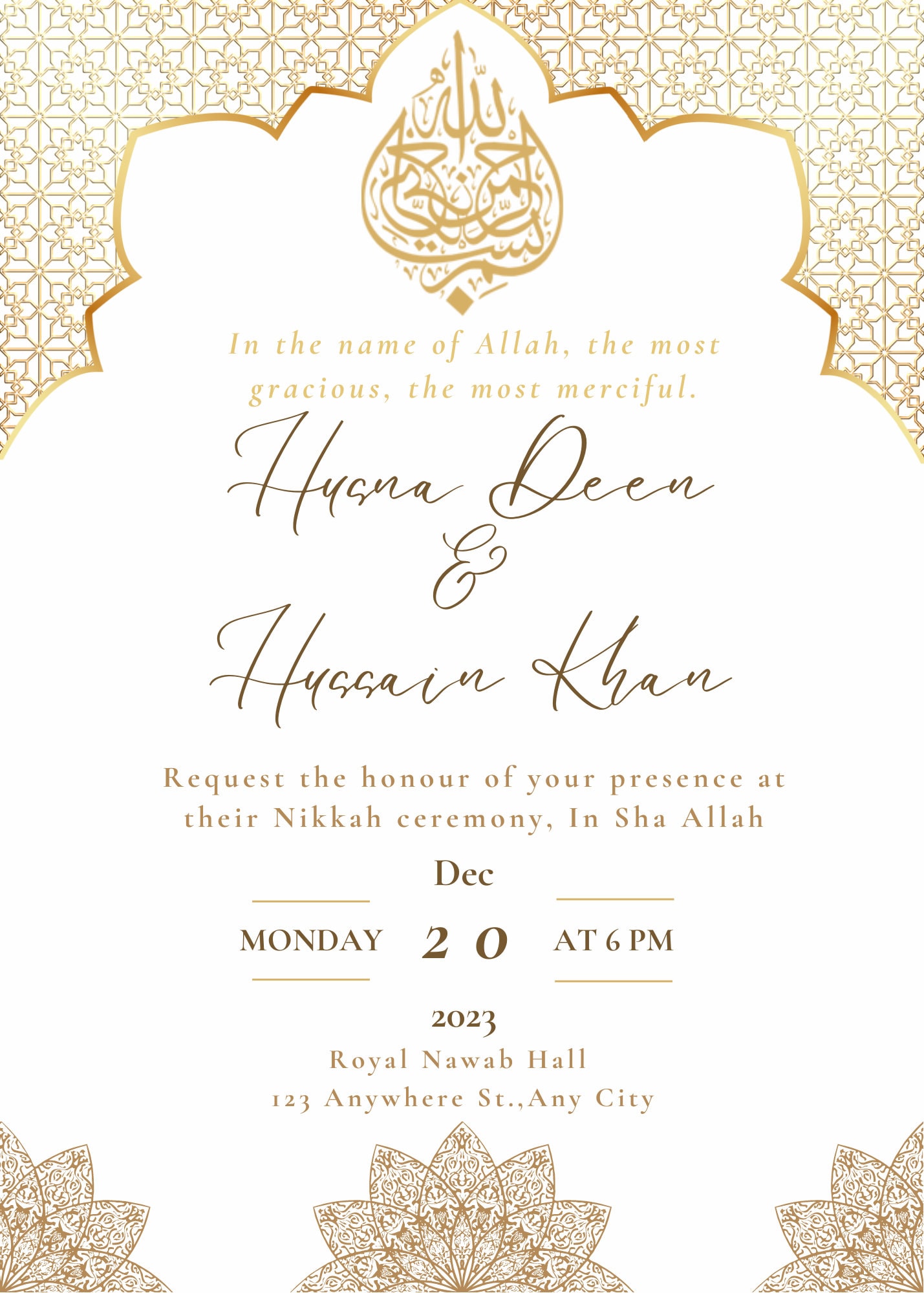 Pack of 10 Islamic Gold and White Wedding/nikkah Invitation, Muslim ...