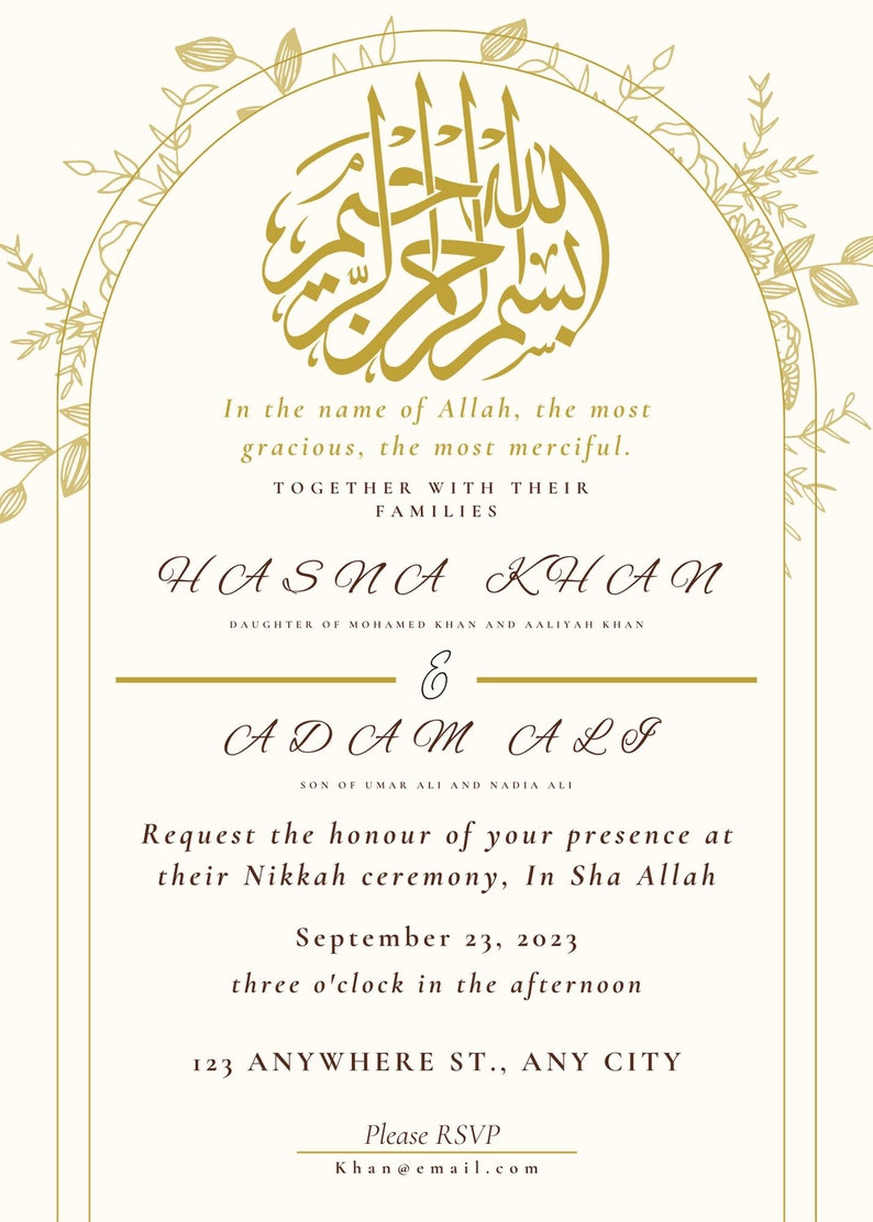 Digital Islamic Wedding Invitation, Muslim Wedding Invite, Gold and ...