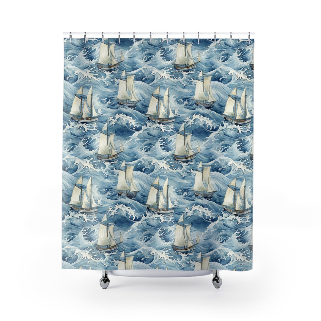 Sailboats Ocean Waves Wavy Surf Pattern on Blue Background Bathroom ...