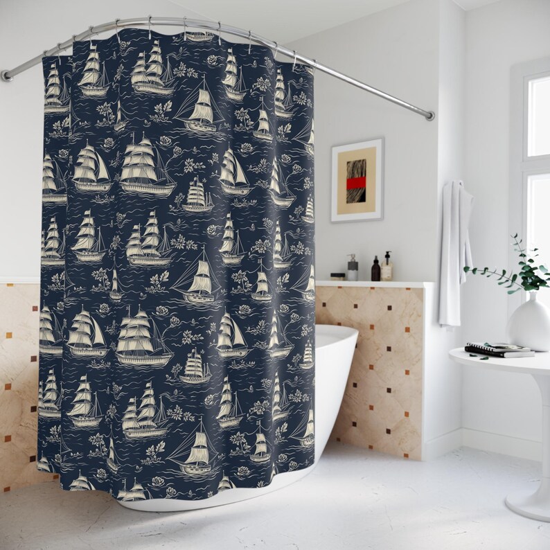 Tall Ships Ocean Waves Pattern, Navy Blue Bathroom Decor, 71" X 74 ...