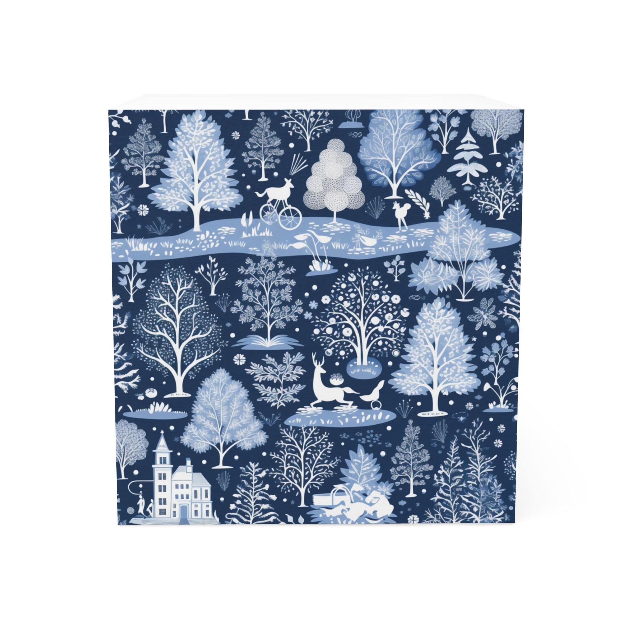 Blue Holiday Winter Scene Trees Deer Christmas Colorful Art Sticky Note ...